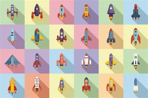 Spacecraft Launch Icons Set Flat Vector Rocket Ship 12331715 Vector