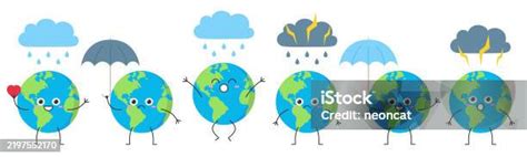 세트 지구 귀여운 캐릭터 만화 행성 날씨 비 행복 기쁨 점프 사랑 미소 우산 뇌우 슬픈 얼굴 감정 벡터 일러스트 레이 션 구름에 대한 스톡 벡터 아트 및 기타 이미지