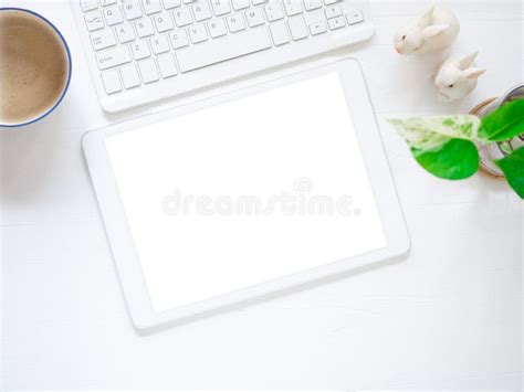 Template Mock Up Digital Tablet Pc Computer With Blank White Screen And Keyboard Coffee Cup