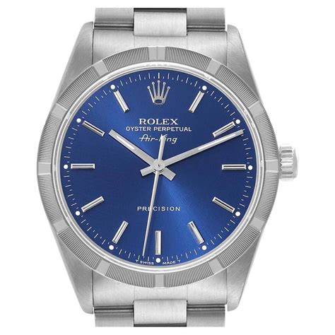 Rolex Air King Blue Dial Engine Turned Bezel Steel Mens Watch 14010 At
