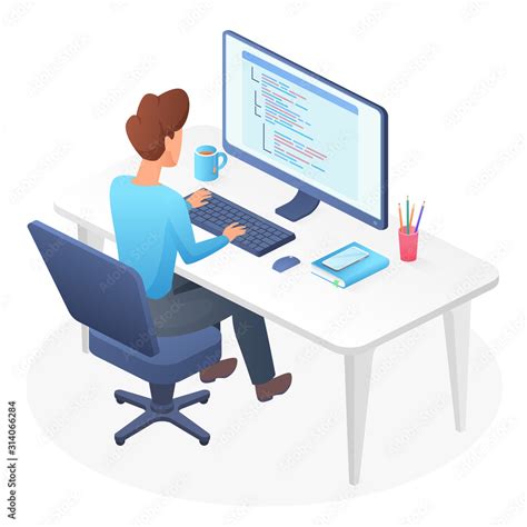 Programming Isometric Man Vector Illustration Male Coder Sitting