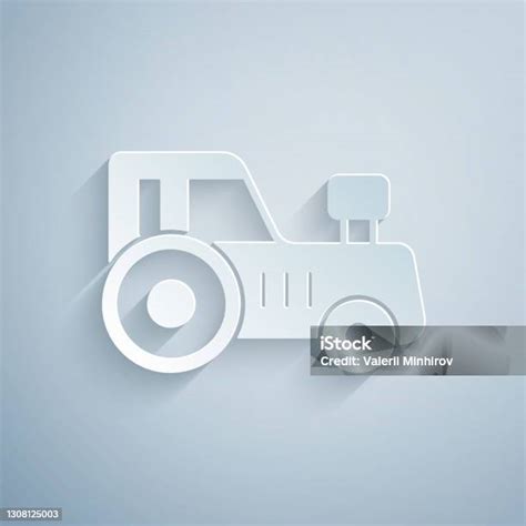 회색 배경에 격리 된 용지 절단 트랙터 아이콘 종이 아트 스타일 벡터 3차원 형태에 대한 스톡 벡터 아트 및 기타 이미지 3차원 형태 건설 산업 교통수단 Istock