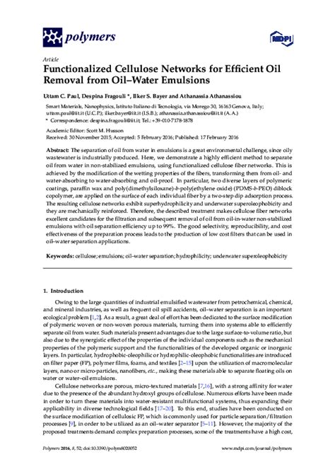 Pdf Functionalized Cellulose Networks For Efficient Oil Removal From Oil Water Emulsions
