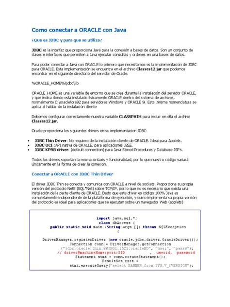Como Conectar A Oracle Con Java Pdf Java Lenguaje De Programación Oracle Corporation