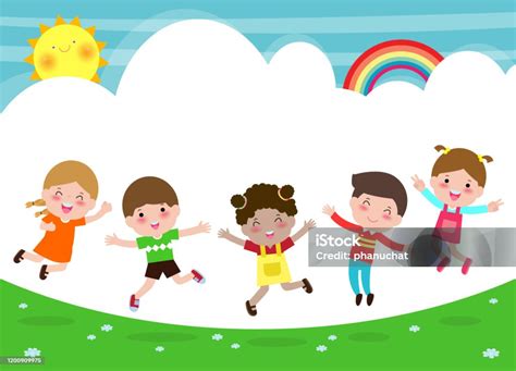 공원에서 점프하고 춤을 추는 행복한 아이들 어린이 활동 놀이터에서 놀고있는 아이들 광고 브로셔템플릿 텍스트 평면 재미있는 만화