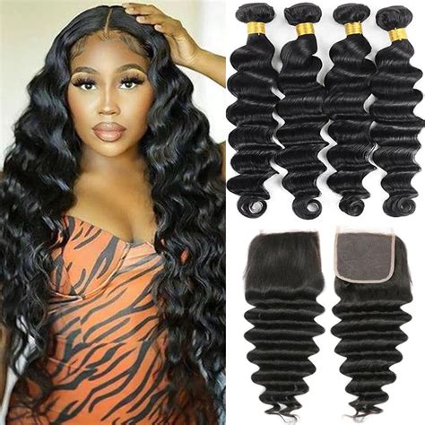 Loose Wave Hair 4 Bundles With 4x4 Lace Closure Virgin Human Hair Zlik