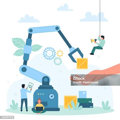 창고 자동화 프로세스 작은 사람들은 상품 재고를 위해 로봇과 함께 작동합니다 로봇에 대한 스톡 벡터 아트 및 기타 이미지