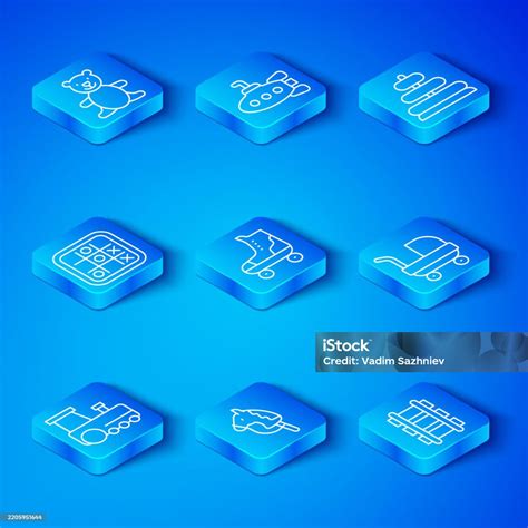 세트 라인 장난감 기차 롤러 스케이트 말 유모차 피라미드 장난감 박하 사탕 발가락 게임 테디 베어 봉제 인형 및 철도 아이콘 벡터 0명에 대한 스톡 벡터 아트 및 기타