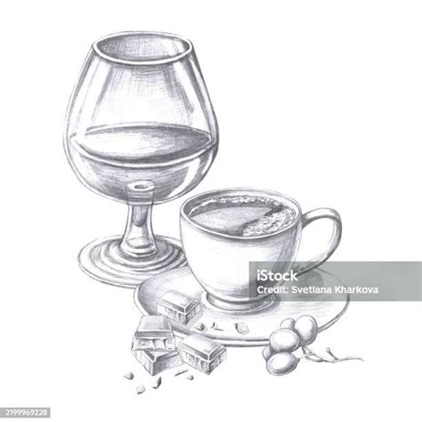 초콜릿 바 포도 코냑 한 잔을 곁들인 커피 한 잔 카페 디자인 메뉴 디자인 및 요리책에 대한 연필 분리 그림 가정 생활에 대한 스톡 벡터 아트 및 기타 이미지 Istock