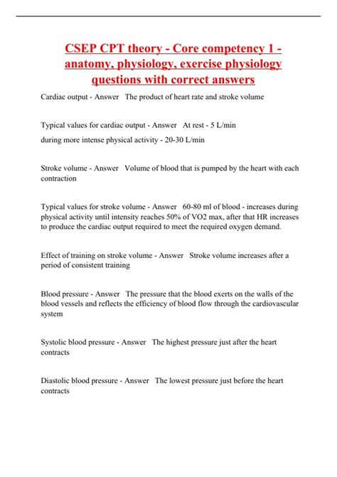 Csep Cpt Theory Core Competency 1 Anatomy Physiology Exercise Physiology Questions With