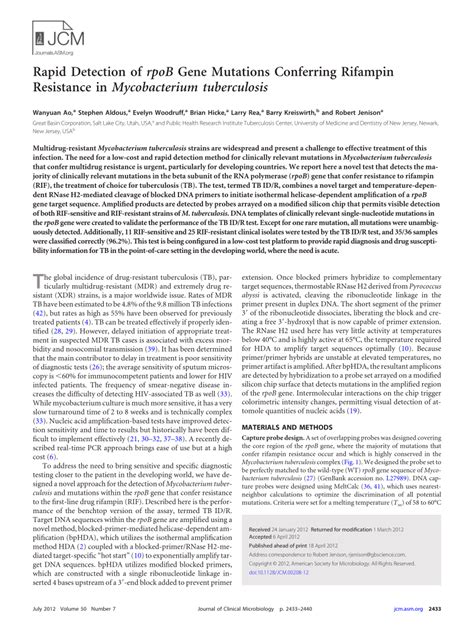 Pdf Rapid Detection Of Rpob Gene Mutations Conferring Rifampin Resistance In Mycobacterium