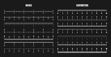 길이 또는 높이를 측정하기위한 사실적인 흰색 센티미터 및 인치 스케일 분할이 있는 다양한 측정 스케일 눈금자 테이프 측정 표시