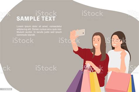 만화 사람들 캐릭터 디자인 배너 템플릿 여성 친구 쇼핑과 즐겁게 셀 카 사진을 촬영 가방에 대한 스톡 벡터 아트 및 기타 이미지