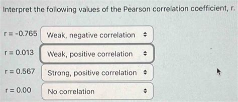 Solved Interpret The Following Values Of The Pearson Correlation Coefficient R R 0 765 Weak