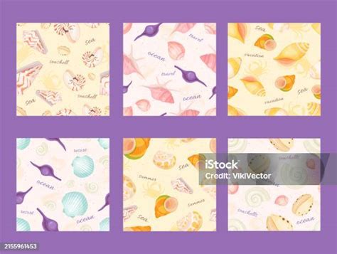여름 해변 리조트 바다 바다 조개 완벽 한 패턴 디자인 템플릿 세트 벡터 일러스트 레이 션 가리비에 대한 스톡 벡터 아트 및