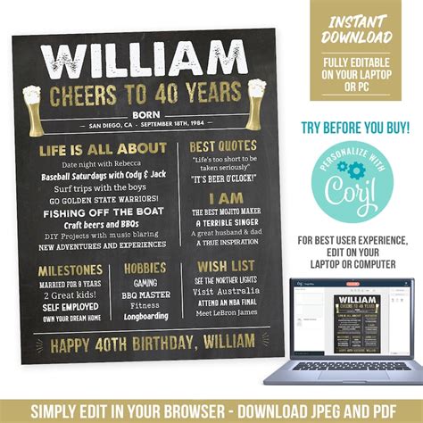 40th Birthday Milestone Poster Gold Cheers To 40 Years Party Sign