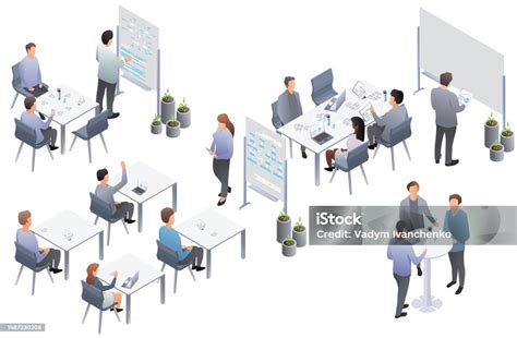 비즈니스 프리젠테이션 연설 비즈니스 프레젠테이션 회의 코워킹 워크숍 직장 브레인스토밍 및 토론이 분리된 팀워크 세트 지표 및