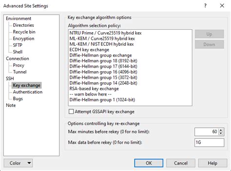 The Key Exchange Page Advanced Site Settings Dialog WinSCP