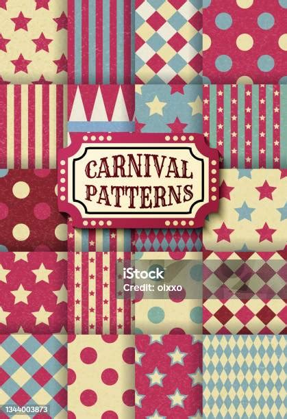 카니발 복고풍 빈티지 매끄러운 패턴의 세트 질감 구식 서커스 벽지 템플릿 벡터 텍스처 배경 타일의 컬렉션입니다 파티 생일 장식 요소 0명에 대한 스톡 벡터 아트 및 기타