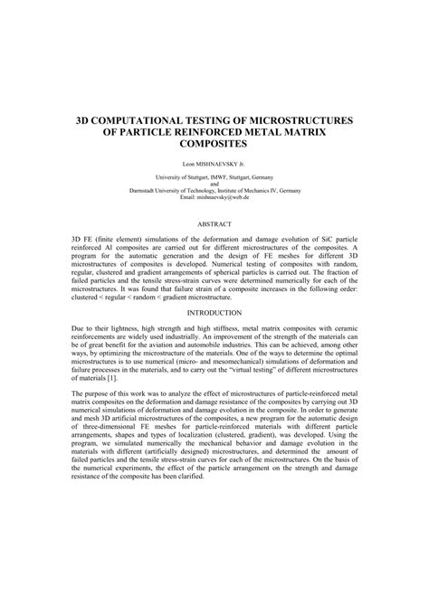 Pdf 3d Computational Testing Of Microstructures Of Particle Reinforced Metal Matrix Composites