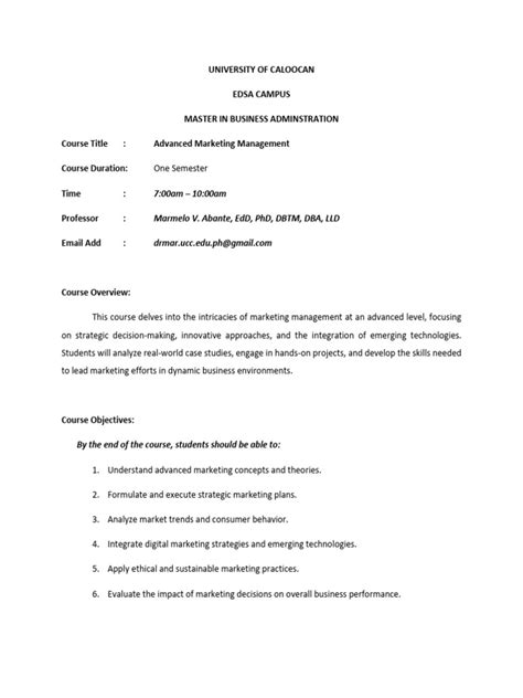 Advanced Marketing Management Course Outline Pdf Marketing Marketing Strategy