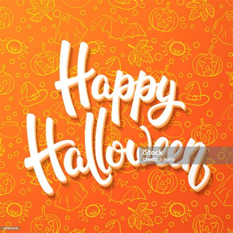 할로윈 브러쉬 레터링입니다 호박 가마솥 박쥐 유령 거미와 오렌지 배경에 흰색 3d 문자 할로윈 인사말 카드 디자인 장식 벡터 그림입니다 10월에 대한 스톡 벡터 아트 및