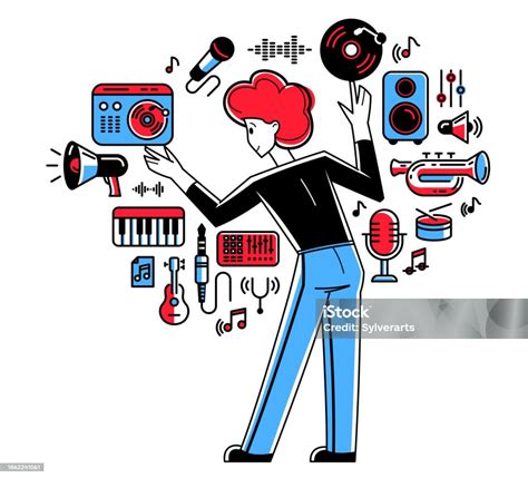 새로운 트랙 벡터 윤곽선 그림을 작곡하는 음악 프로듀서 녹음 스튜디오에서 일하는 사운드 엔지니어 오디오 믹스를 만드는 작곡가