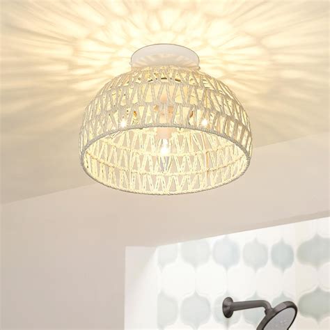 Ken And Ricky White Rattan Flush Mount Light Fixture 3 Light Woven Semi