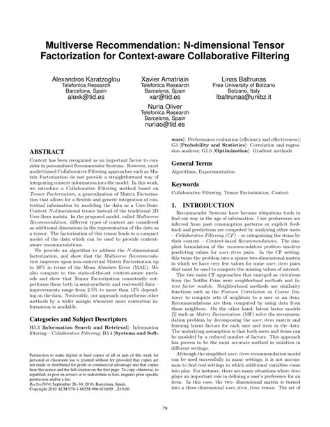 Pdf Multiverse Recommendation N Dimensional Tensor Factorization For