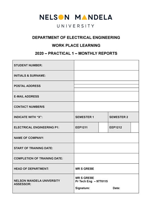 P1 Logbook Monthly Reports 2020 Department Of Electrical Engineering Work Place Learning 2020