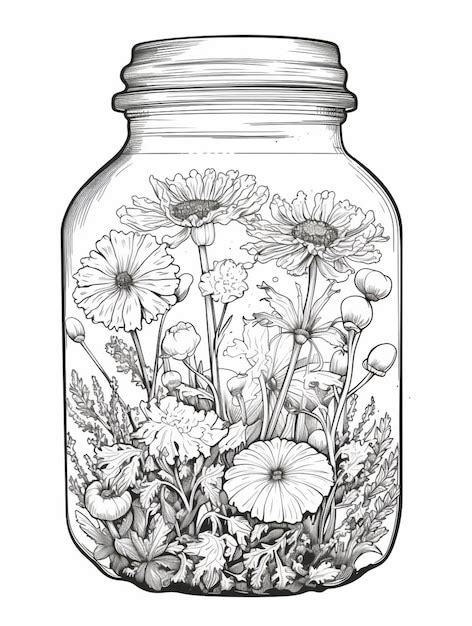 Premium Photo A Drawing Of A Jar Filled With Flowers And Plants