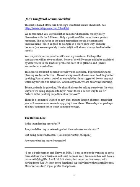 Joe Unofficial Scrum Checklist V13 Pdf Scrum Software Development