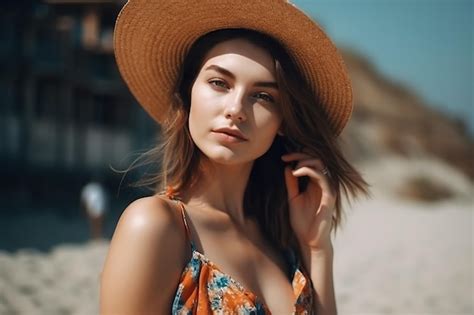 Premium Ai Image Portrait Of Happy Girl In Straw Hat On Beach By Sea