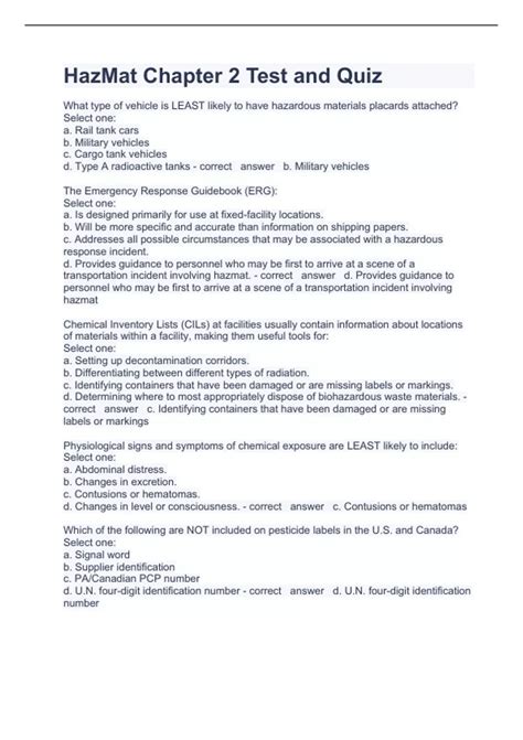 Hazmat Chapter 2 Test And Quiz Question And Answers Correctly Solved 2023 2024 Hazmat Stuvia Us