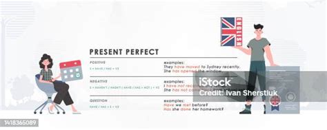 완벽한 선물 영어로 시제를 연구하기위한 규칙 영어 학습의 개념 트렌드 캐릭터 스타일 벡터 교사 교육 관련 직업에 대한 스톡 벡터