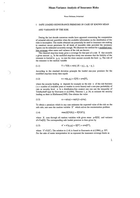 Pdf Mean Variance Analysis Of Insurance Risks