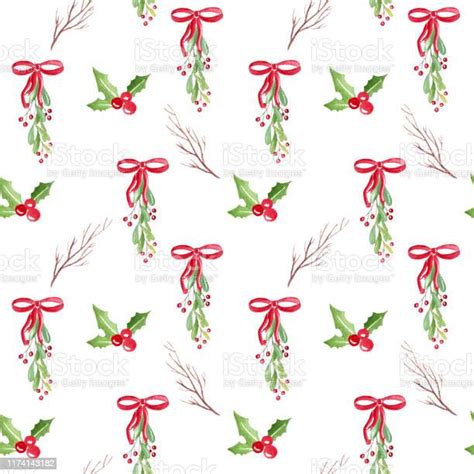 다른 잎 홀리와 열매와 수채화 원활한 휴일 패턴 크리스마스 빈티지 배경을 반복합니다 연속무늬에 대한 스톡 벡터 아트 및 기타 이미지 연속무늬 빨강 수채화 Istock