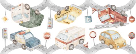 수채화 삽화 도시 자동차 경찰 구급차 소방차 쓰레기 수거차 경찰 도로 표지판 신호등 배너 손 어린이 카드 초대장 휴일 인쇄 벽지를 위해 그려진 0명에 대한 스톡 벡터 아트