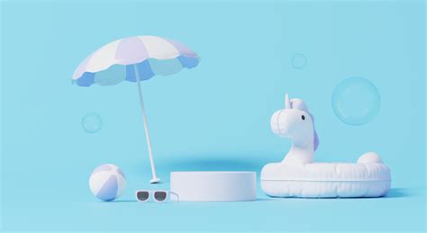 3d 렌더링 파란색 배경에 여름 요소 풍선 유니콘 우산 및 비치 볼이 있는 연단 디스플레이 제품 전시를 위한 파스텔 장면 0명에 대한 스톡 사진 및 기타 이미지 Istock