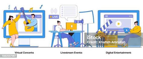 가상 콘서트 라이브 스트림 이벤트 캐릭터가 있는 디지털 엔터테인먼트 개념 몰입형 공연 추상 벡터 일러스트레이션 세트 연결 기쁨 어디서나 음악 은유 라이브 스트리밍에 대한