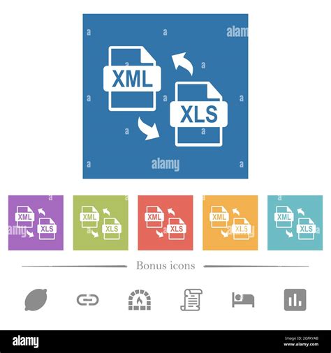 Xml Xls File Conversion Flat White Icons In Square Backgrounds 6 Bonus Icons Included Stock