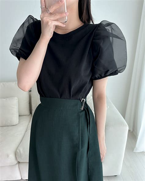 아임쏘 여름 오간자 망사 시스루 퍼프 소매 반팔 티셔츠