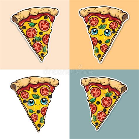 Funny Cute Happy Pizza Characters Bundle Set Sticker Vector Kawaii