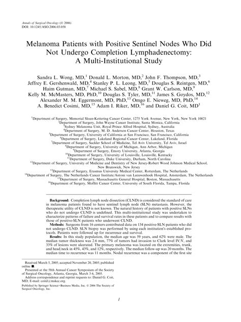 Pdf Melanoma Patients With Positive Sentinel Nodes Who Did Not Undergo Completion