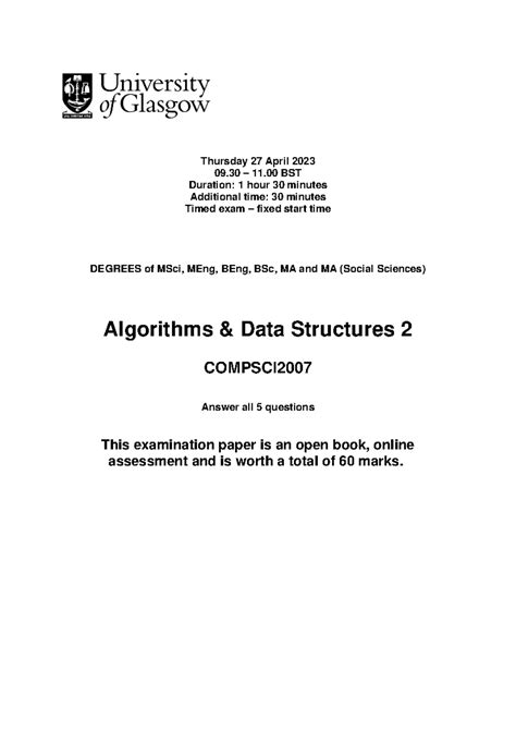 Compsci 2007 1 Algorithms And Data Structures 2 202304 Thursday 27 April 2023 09 11 00 Bst