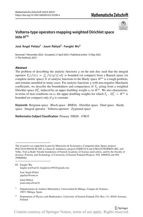 Pdf Volterra Type Operators Mapping Weighted Dirichlet Space Into H∞