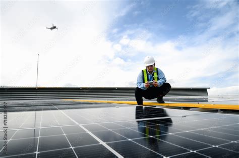Energy Engineer Using Drone Technology For Inspection Work Of Solar