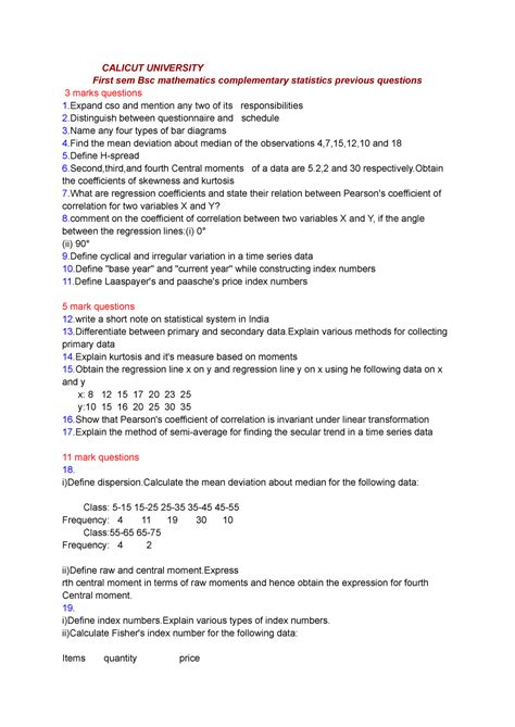 calicut university 1st sem bsc mathematics complementary statistics