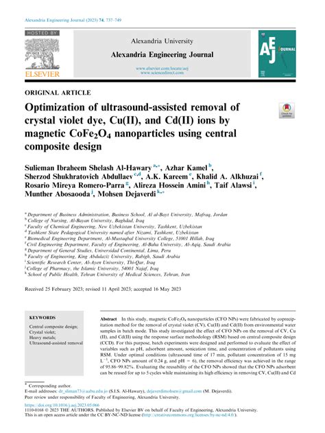 Pdf Optimization Of Ultrasound Assisted Removal Of Crystal Violet Dye Cu Ii And Cd Ii