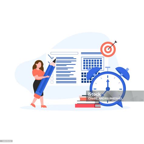 큰 연필을 들고 달력 근처에 서 있는 여자 계획 성공적인 작업 완료 개념에 대한 스톡 벡터 아트 및 기타 이미지 개념 개발